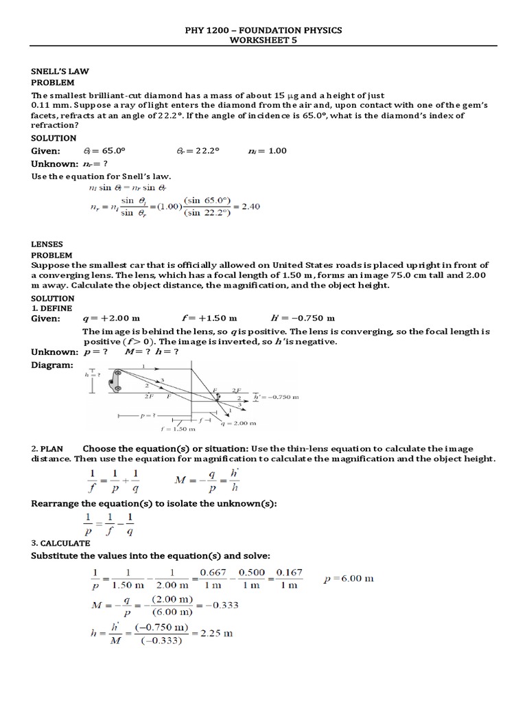 PHY 1200 Worksheet 5 | PDF | Wavelength | Refractive Index