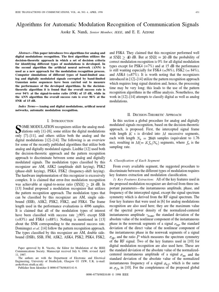 Algorithms For Automatic Modulation Recognition of Communication Signals-Asoke K, Nandi, E.E ...