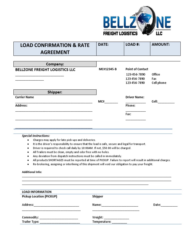 Load Confirmation & Rate Agreement | PDF | Cargo | Trade