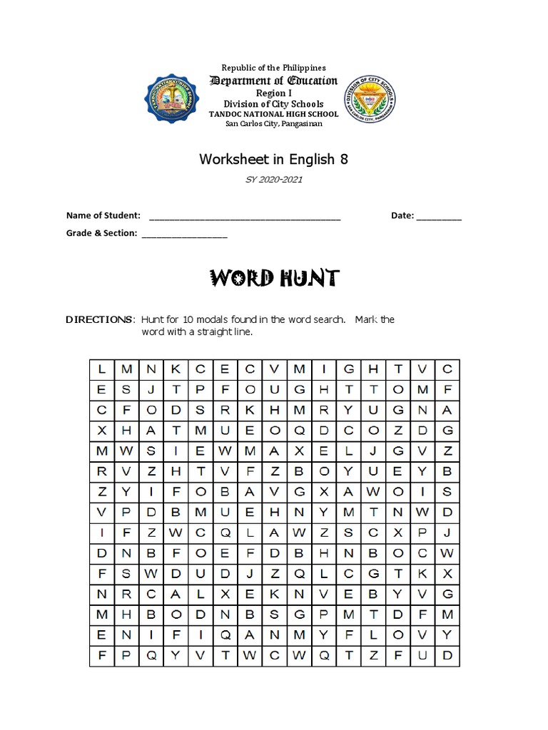 Modal Verbs in a Word Hunt Worksheet for English 8 Students at Tandoc ...