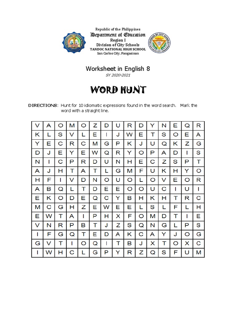 Word Hunt: Worksheet in English 8 | PDF