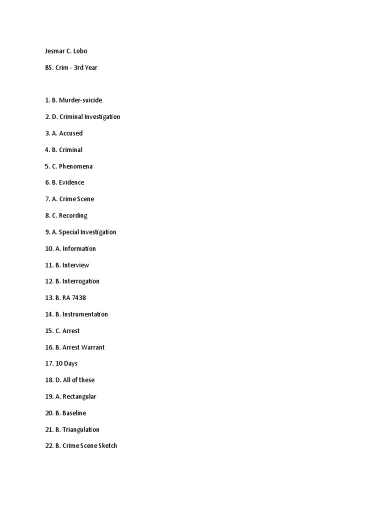 SPECIALIZED CRIME INVESTIGATION 3 (Answer Key) | PDF | Social Science | Law