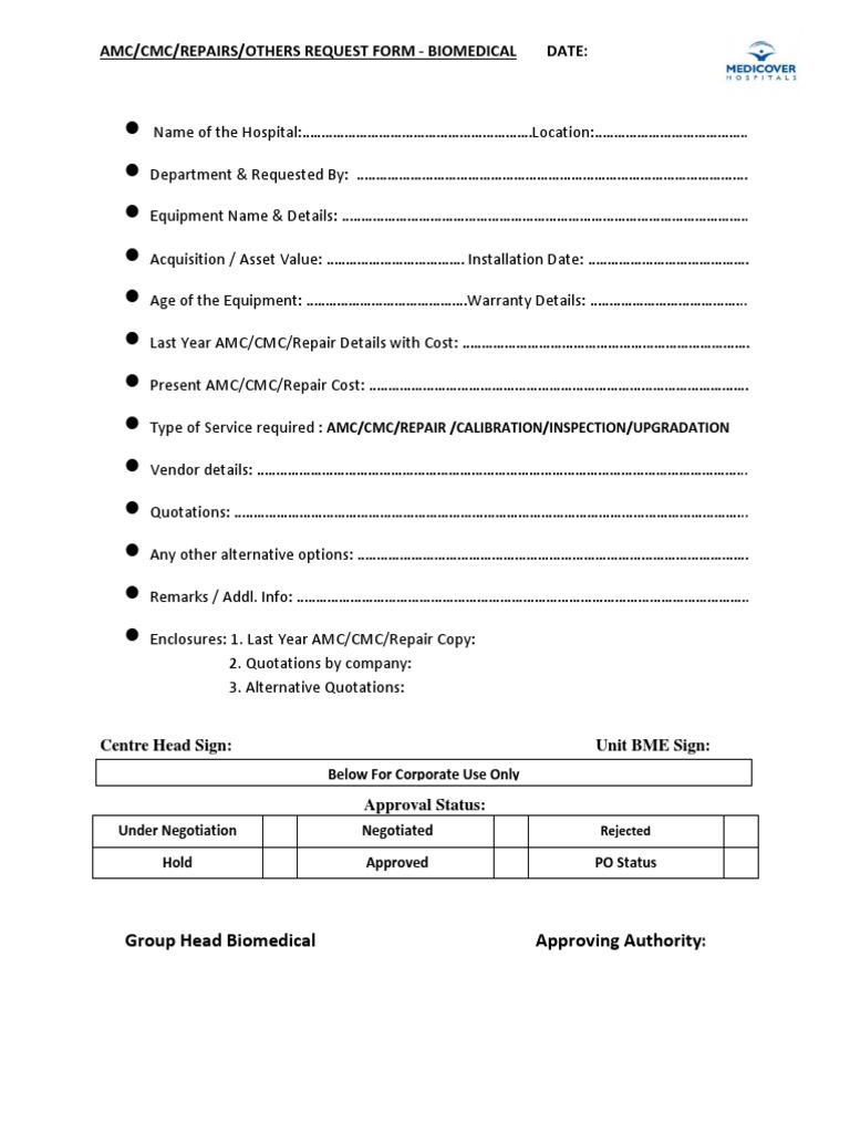 Amc/Cmc/Repairs/Others Request Form - Biomedical Date | PDF | Finance ...
