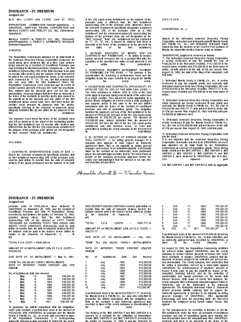 Insurance - Iv. Premium: Assigned Case | PDF | Guarantee | Surety
