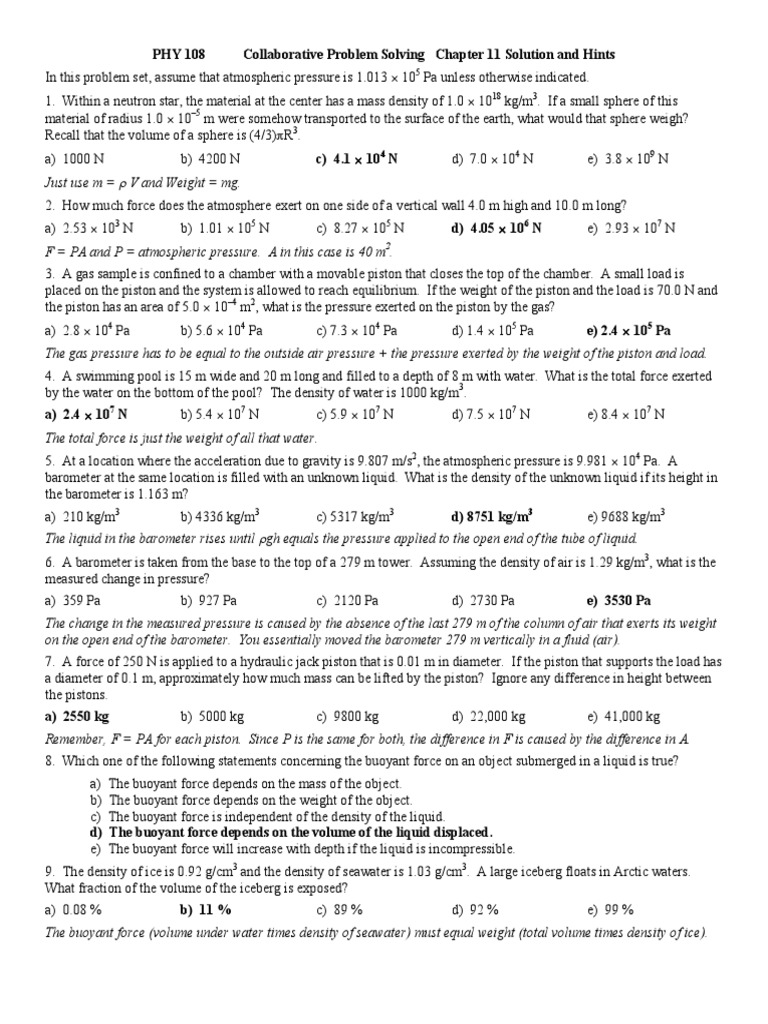 PHY 108 Collaborative Problem Solving Chapter 11 Solution and Hints | PDF | Buoyancy | Pressure