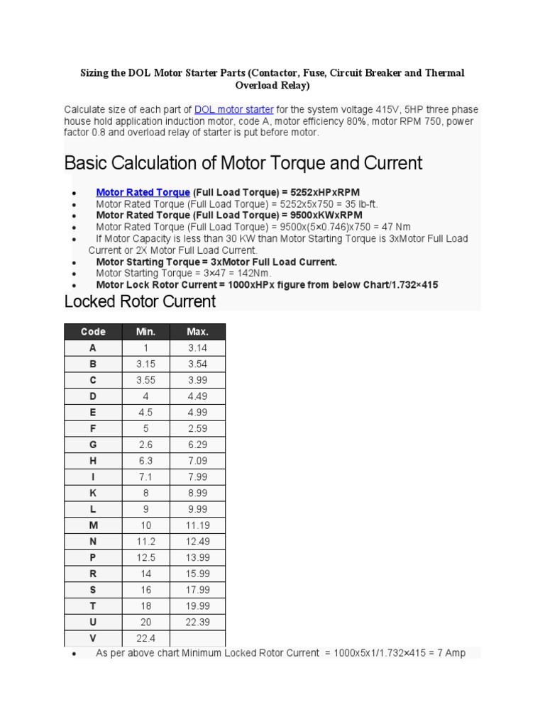 DOL Motor Starter Sizing Guide | PDF | Technology & Engineering
