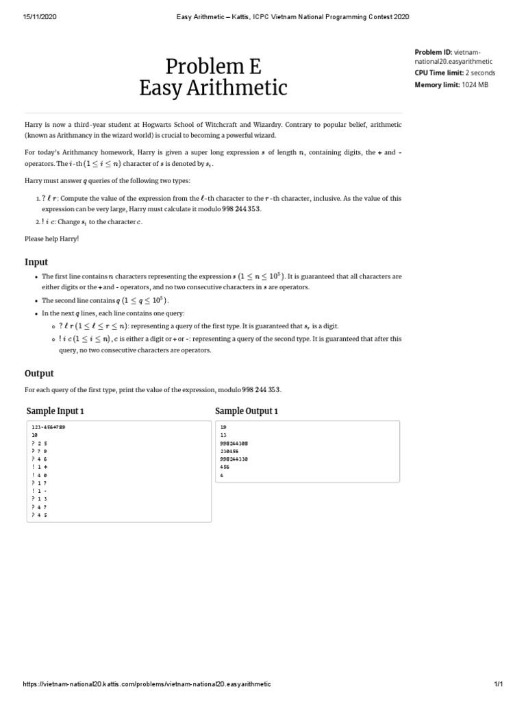 Easy Arithmetic - Kattis, ICPC Vietnam National Programming Contest ...