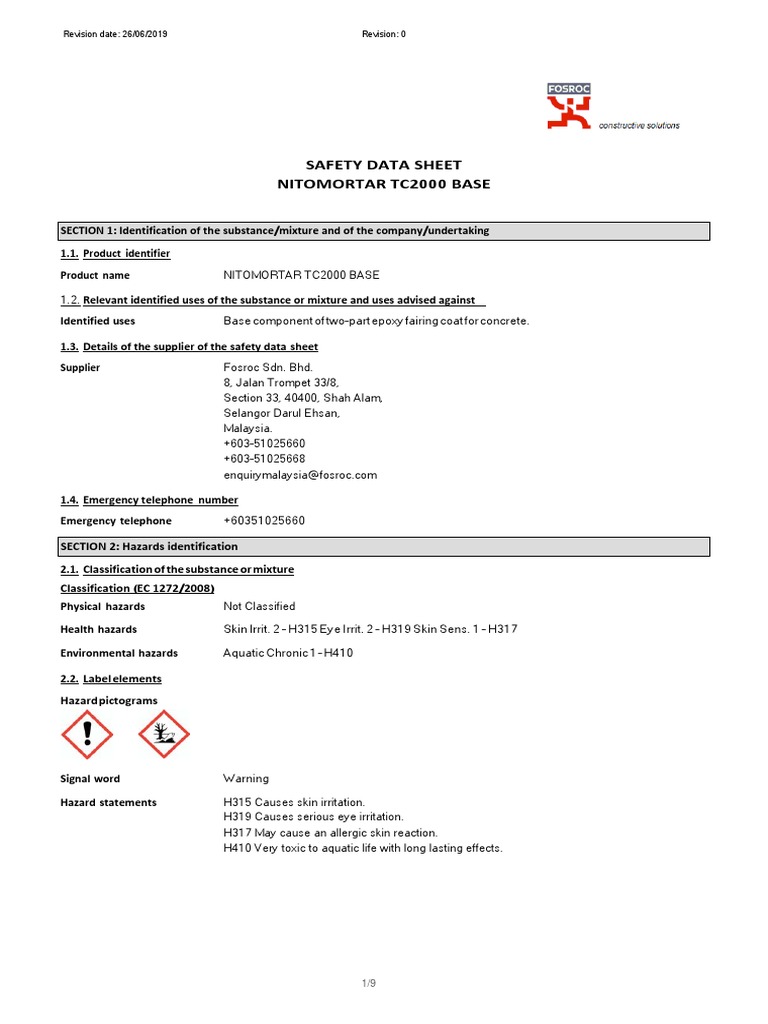 Safety Data Sheet Nitomortar Tc2000 Base: Revision Date: 26/06/2019 ...