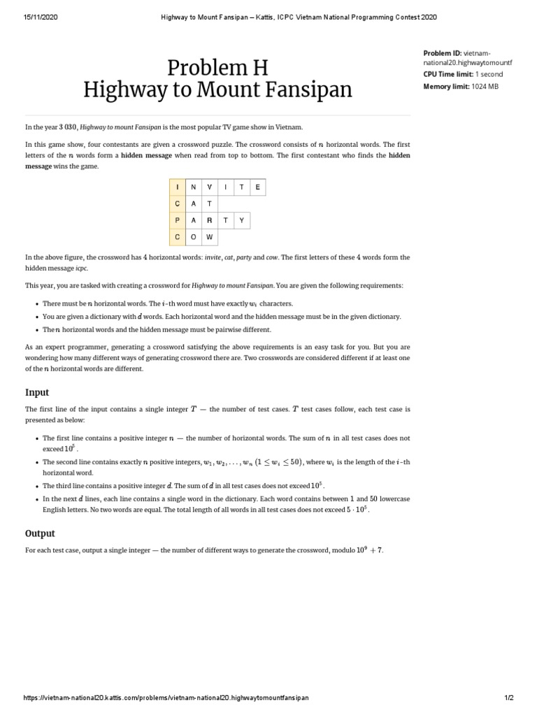 Highway To Mount Fansipan - Kattis, ICPC Vietnam National Programming ...