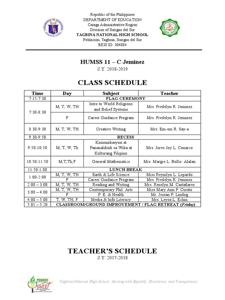 HUMSS Class Program 2018-2019 | PDF | Behavior Modification | Learning