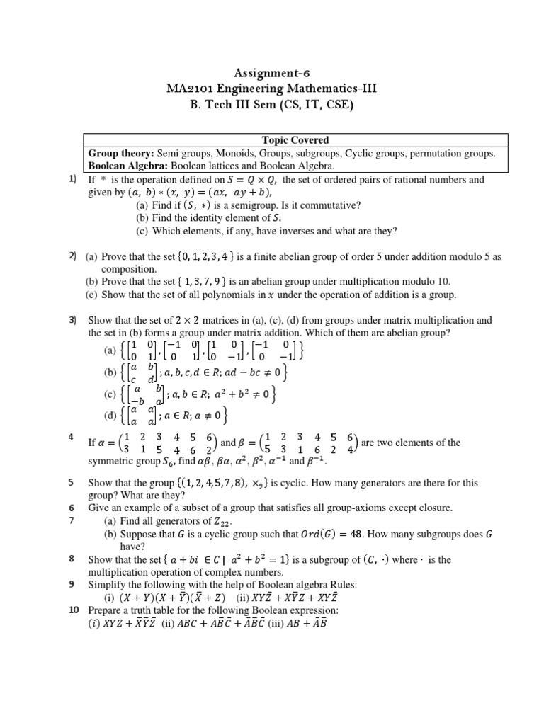 Assignment-6 MA2101 Engineering Mathematics-III B. Tech III Sem (CS, IT, CSE) | PDF | Group ...