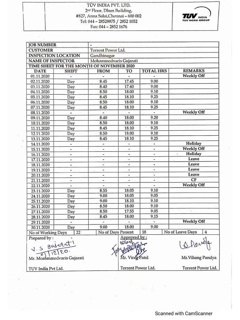 Timesheet November Month PDF | PDF