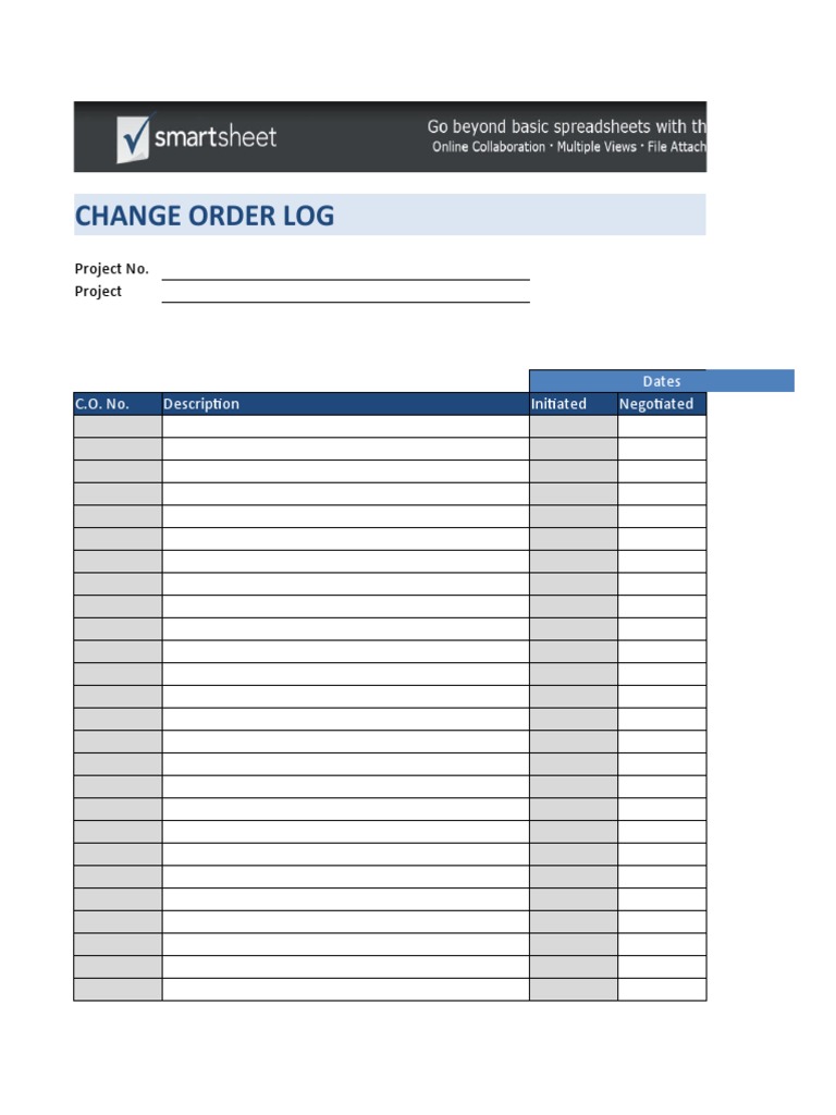 Excel Construction Project Management Template Change Order Log ...