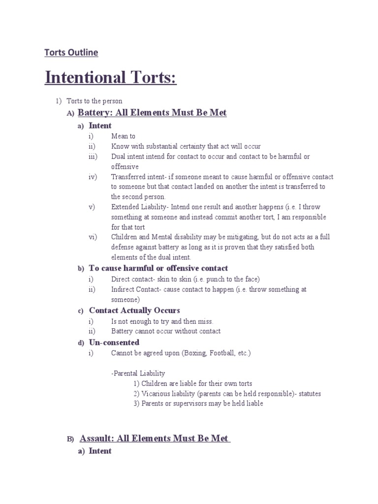 Torts Outline | PDF | Conversion (Law) | Trespass