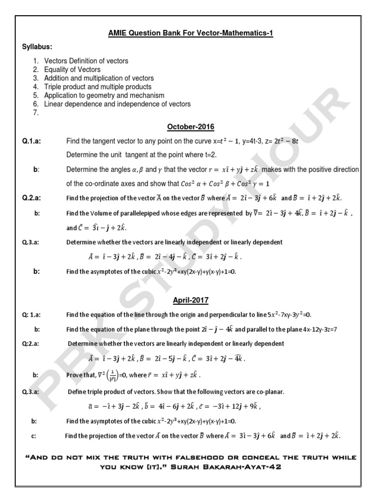 AMIE Question Bank For Vector-Mathematics-1: Syllabus | PDF | Euclidean ...