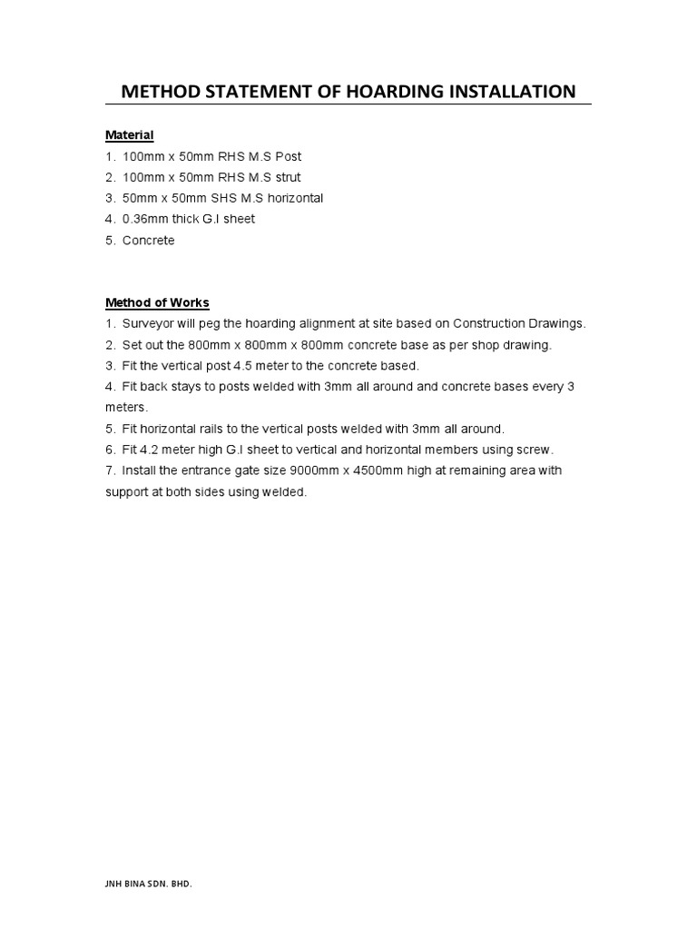 Method Statement of Hoarding PDF | PDF