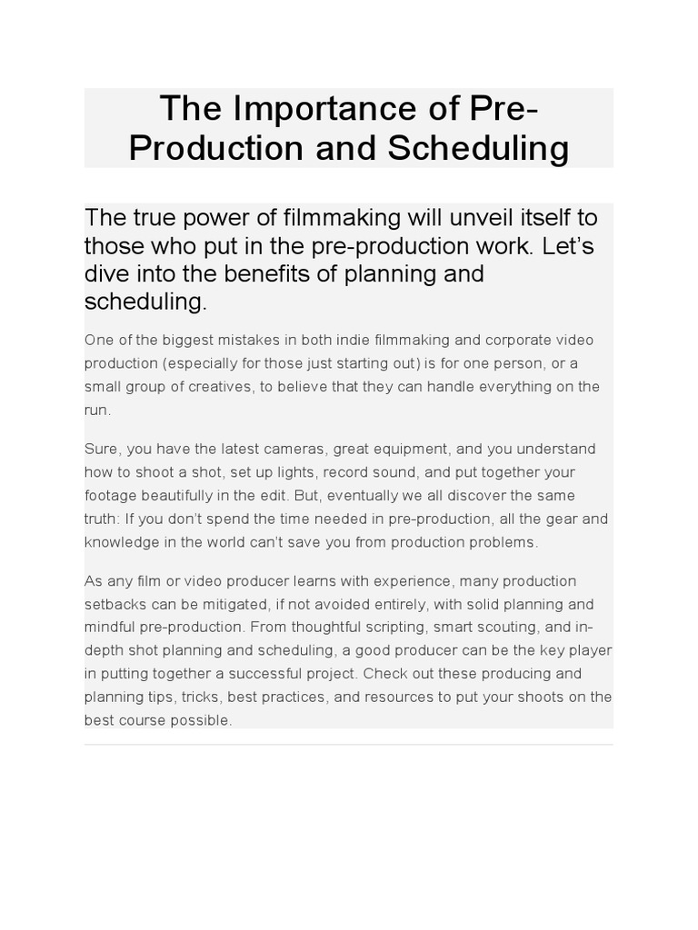 The Importance of Pre Production and Sceduling | PDF | Filmmaking