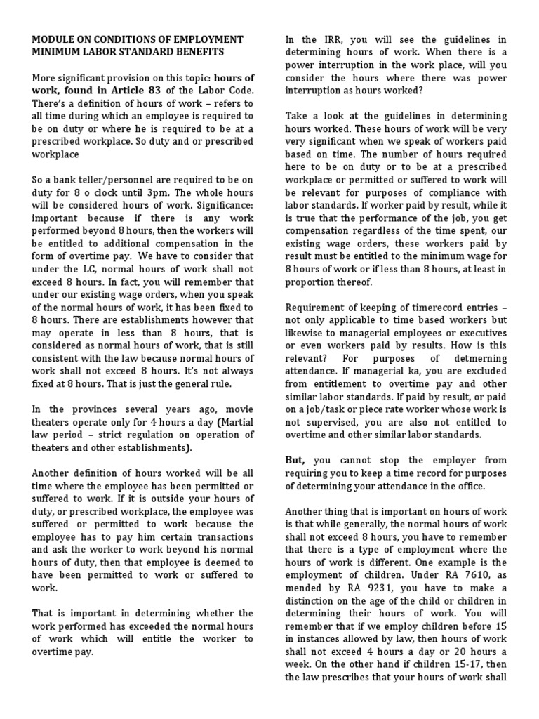 Module On Conditions of Employment Minimum Labor Standard Benefits ...
