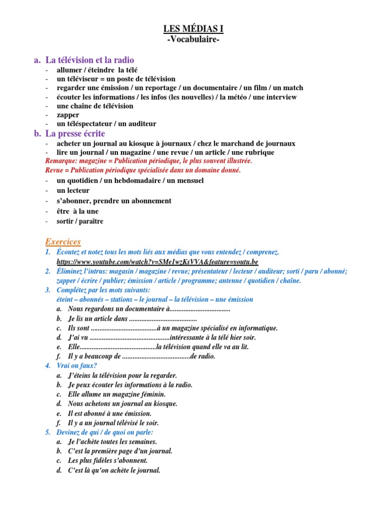 Vocabulaire des Médias et Exercices | PDF