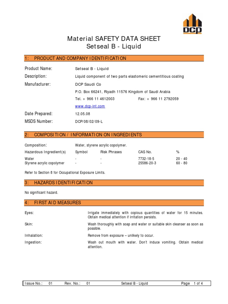Setseal B - Liquid - MSDS | PDF | Toxicity | Personal Protective Equipment
