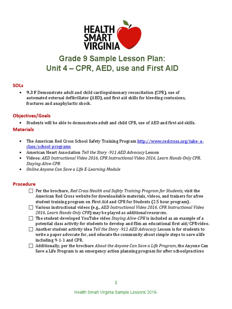 Grade 9 Sample Lesson Plan: Unit 4 - CPR, AED, Use and First AID | PDF ...