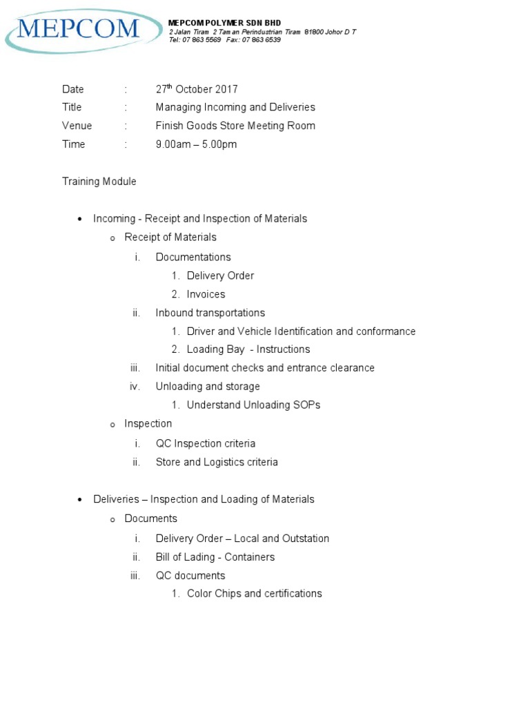Mepcom Delivery Training Pdf