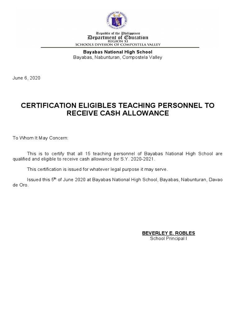Certification For Cash Allowance | PDF