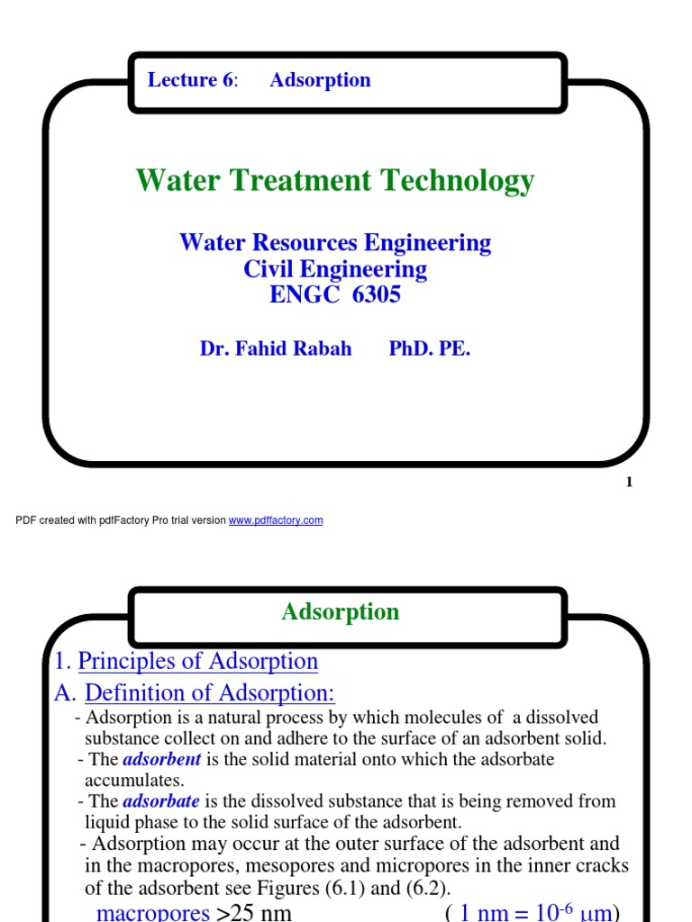 Water Treatment Lecture 6 | PDF | Adsorption | Physical Sciences