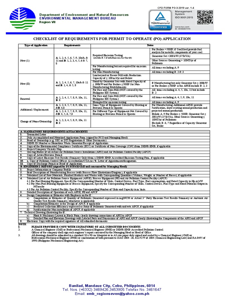 Checklist of Requirements For Permit To Operate (Po) Application | PDF ...