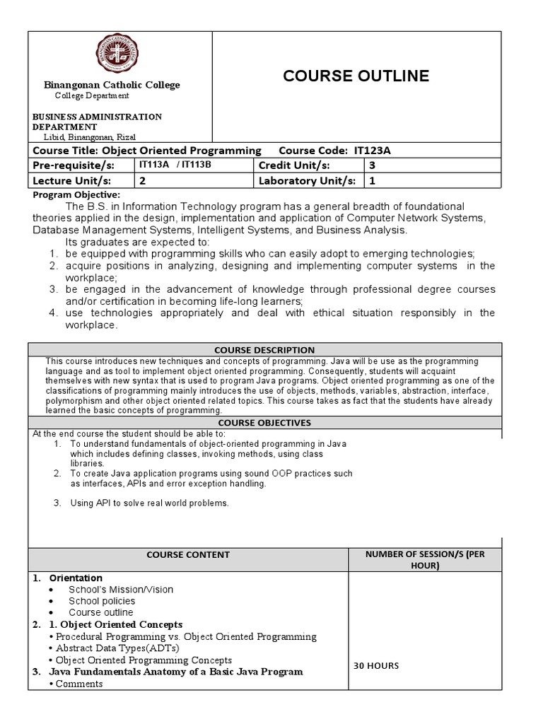 Course Outline Object Oriented Programming Pdf Object Oriented Programming Class