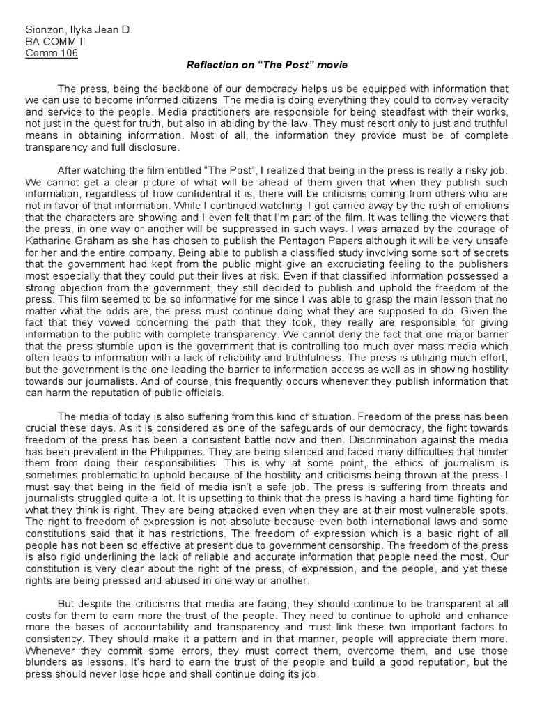 The Post Reflection Paper | PDF | Freedom Of The Press | Transparency ...