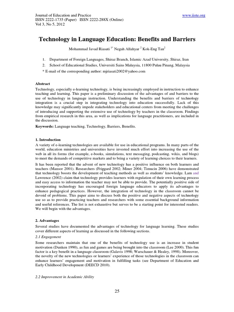Technology in Language Education - Benefits and Barriers PDF | PDF ...