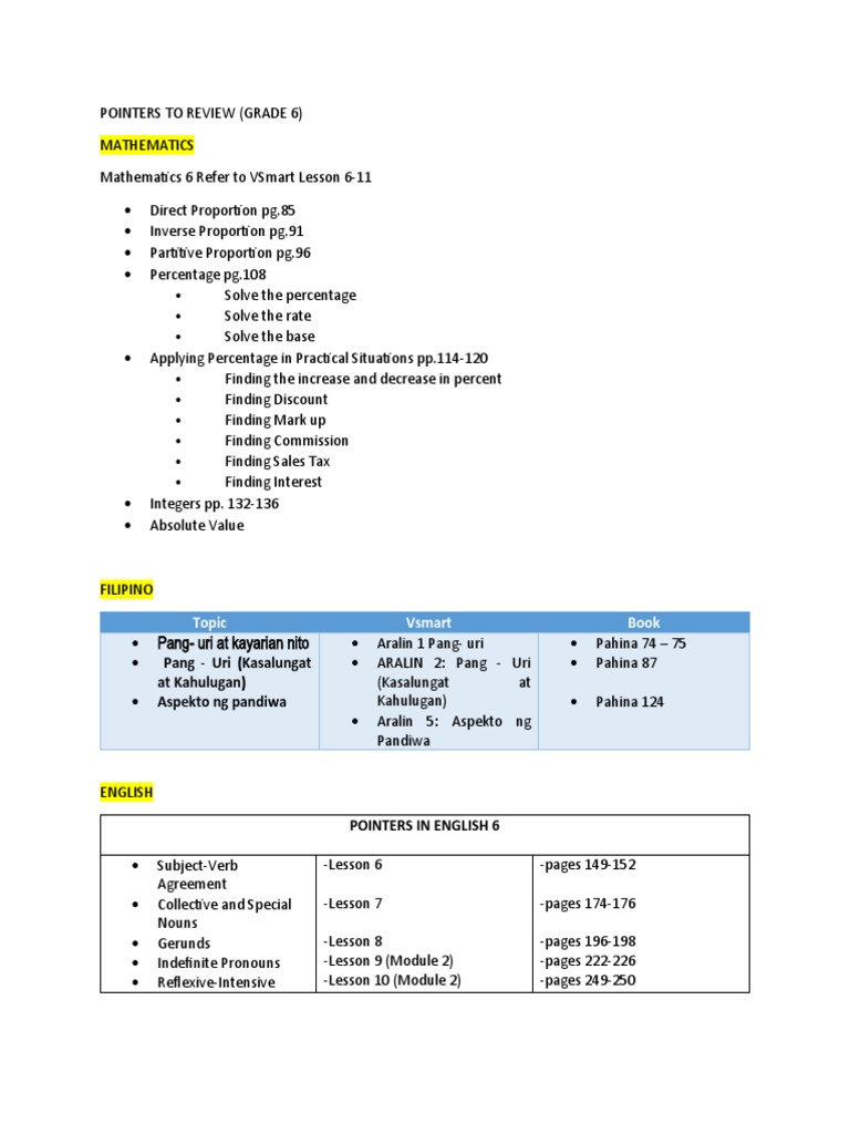 POINTERS TO REVIEW For Grade 6 | PDF | Percentage
