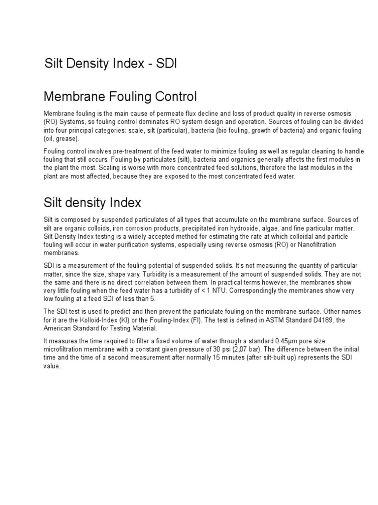 Silt Density Index - SDI Membrane Fouling Control | PDF | Membrane ...