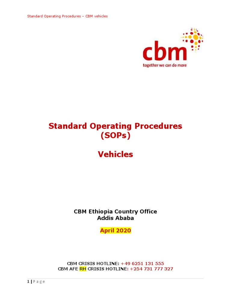 CBM Ethiopia Vehicle SOPs | PDF | Traffic Collision | Four Wheel Drive