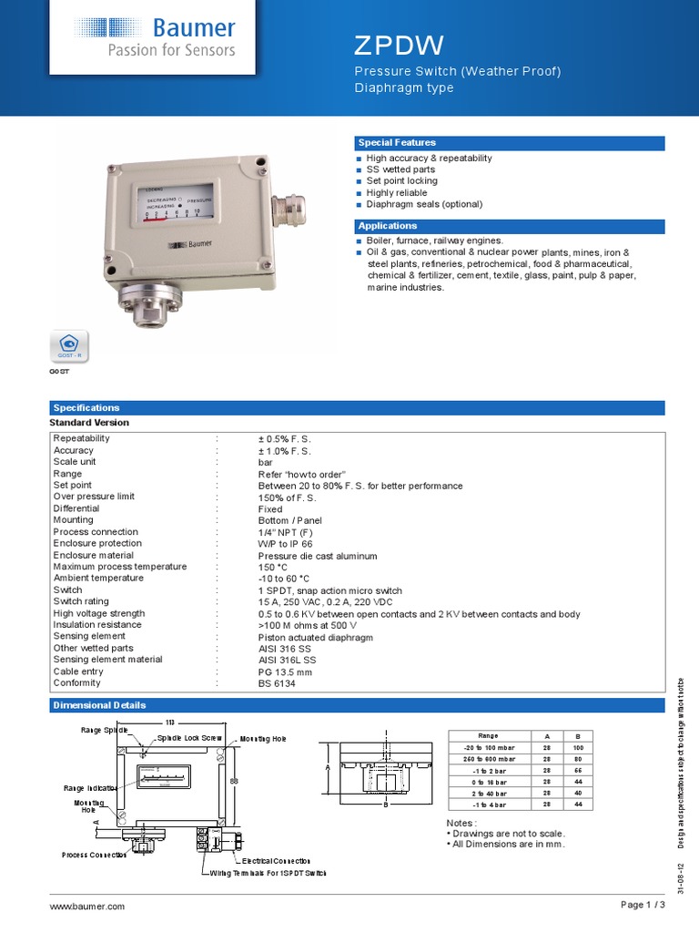 Baumer Diaphragm Pressure Switches | PDF | Switch | Mechanical Engineering