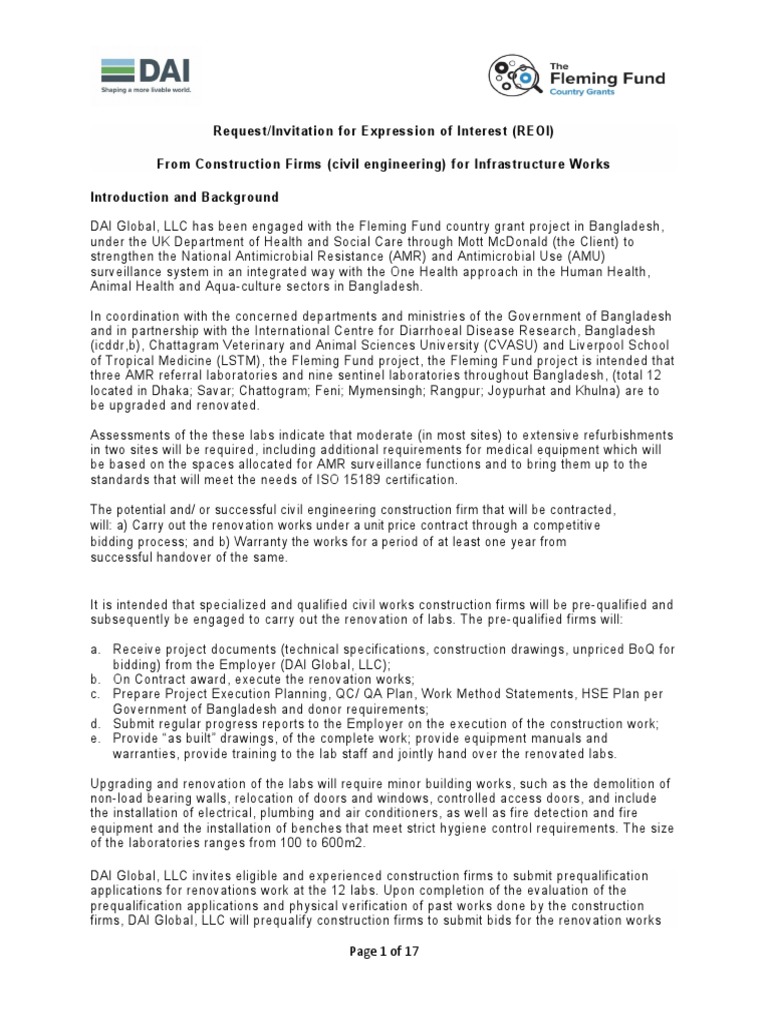 Request/Invitation For Expression of Interest (REOI) From Construction Firms (Civil Engineering ...
