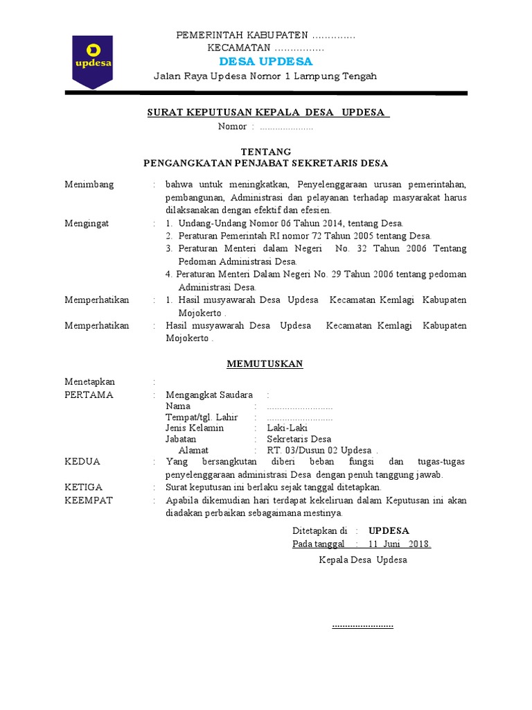 Contoh SK Perangkat Desa Updesa | PDF