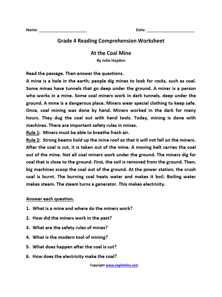 Grade 4 Reading Comprehension Worksheet at The Coal Mine | PDF