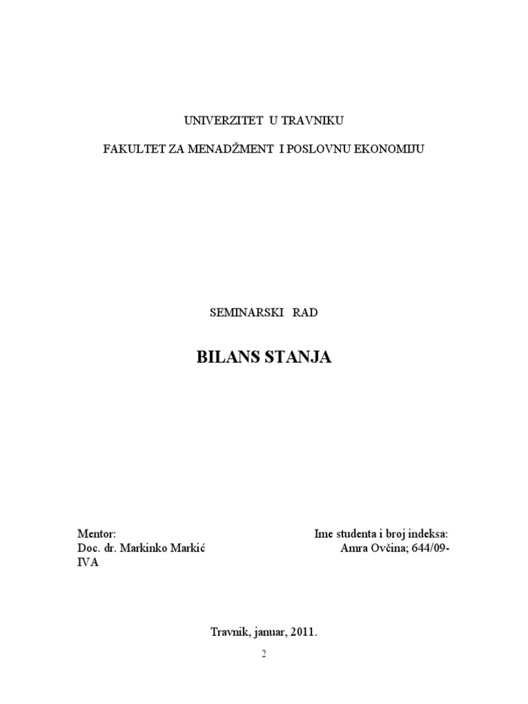 Računovodstvo - Bilans Stanja | PDF