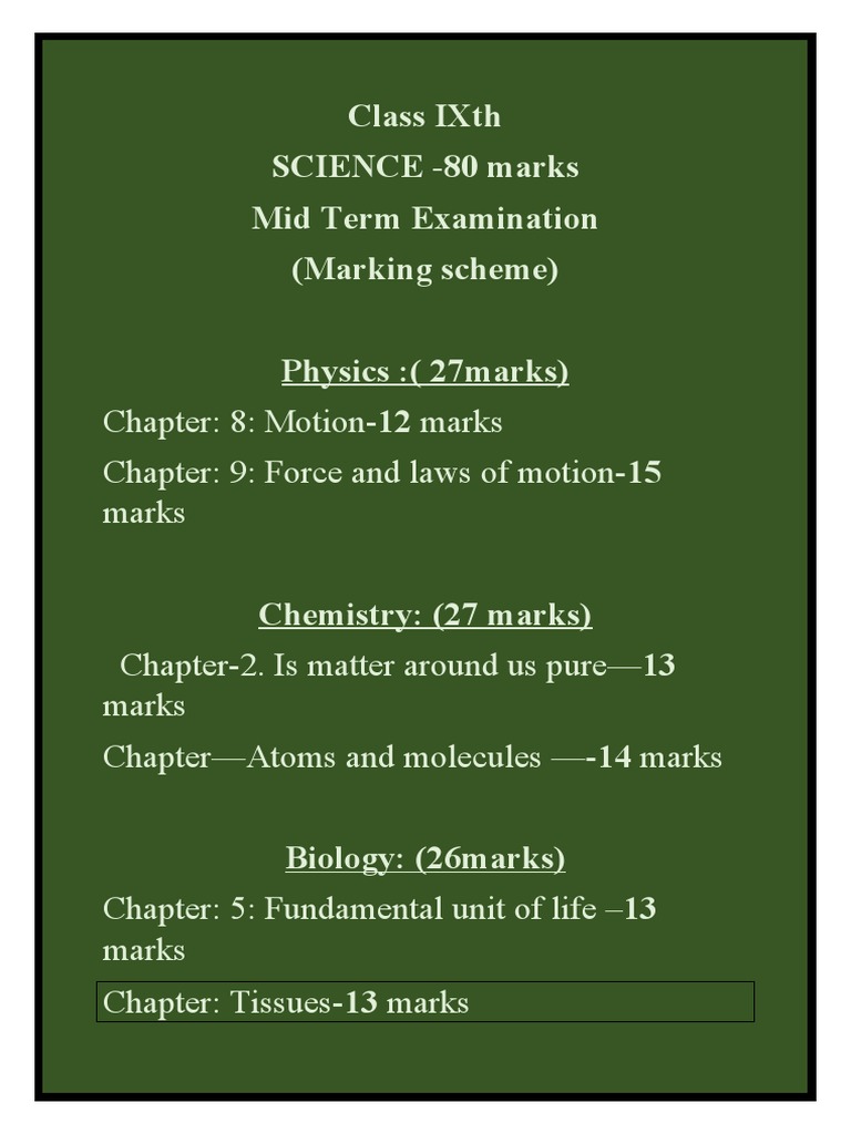 Class 9 Science Mid Term Exam Marking Scheme Physics Chemistry Biology ...