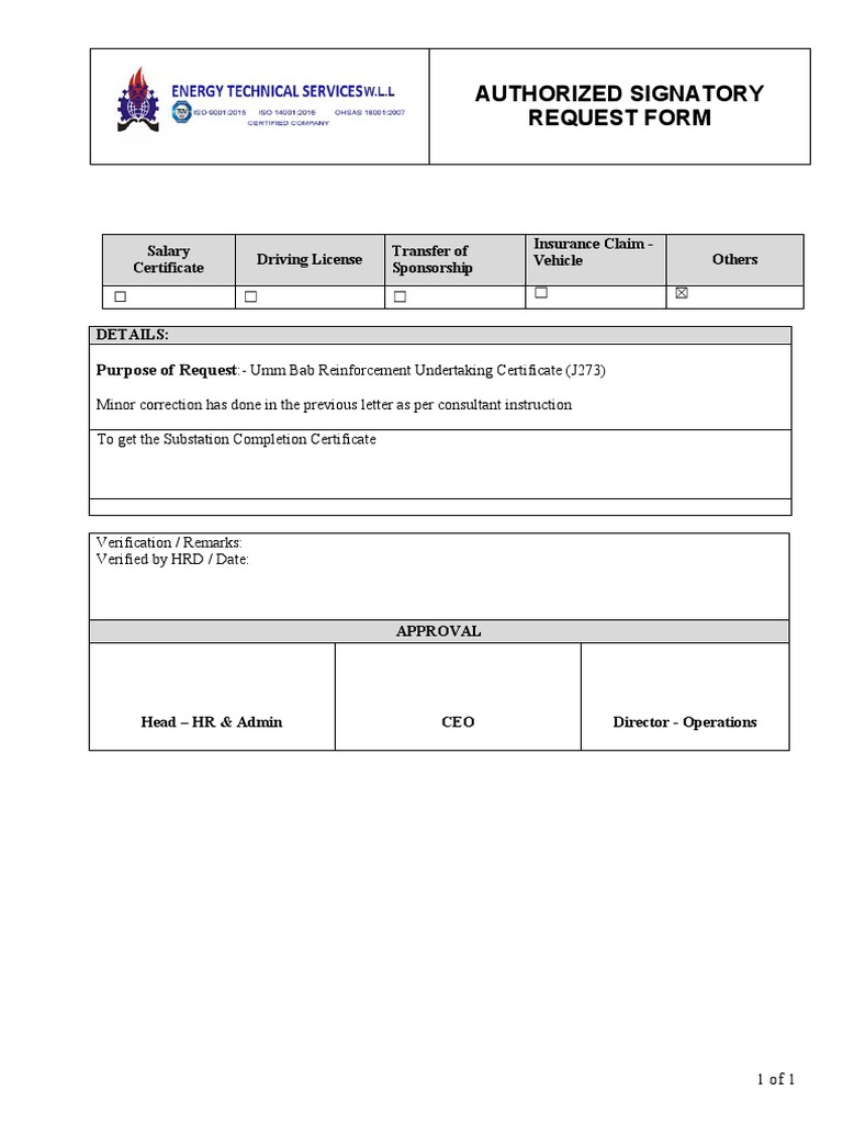 Authorized Signatory Request Form | PDF