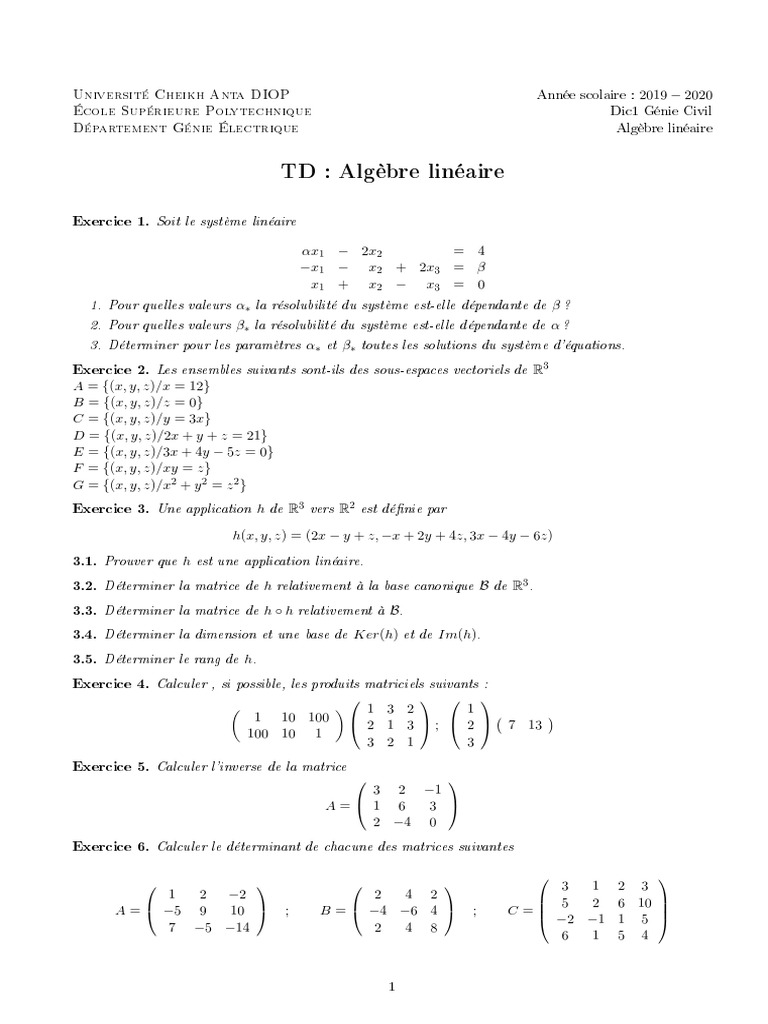 TD Algèbre Linéaire: Systèmes et Matrices | PDF | Base (algèbre ...