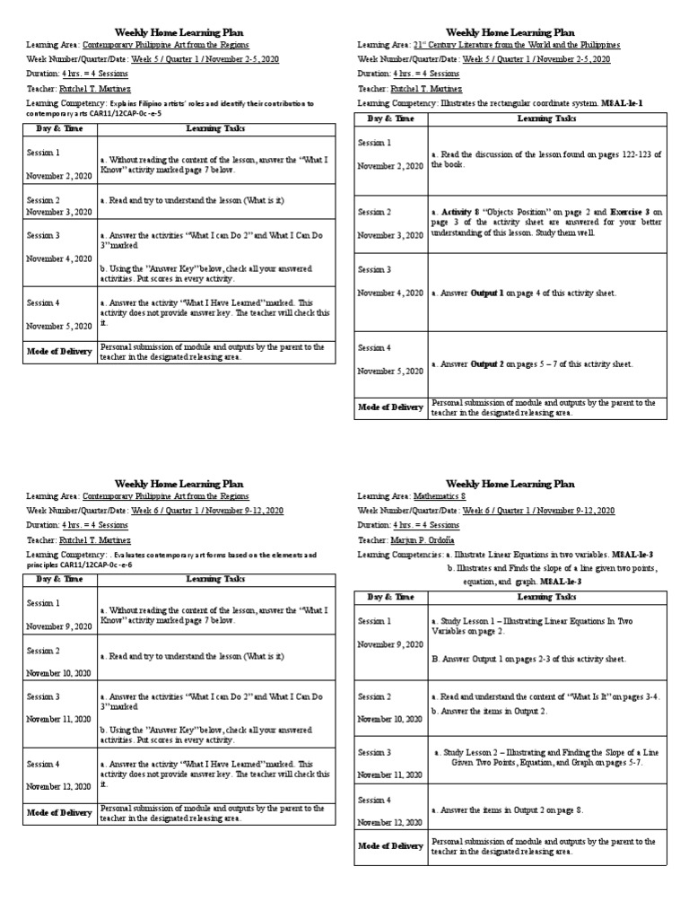 Weekly Home Learning Plan Weekly Home Learning Plan: Day & Time ...