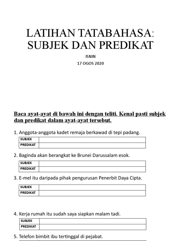 Latihan Tatabahasa Subjek Dan Predikat | PDF