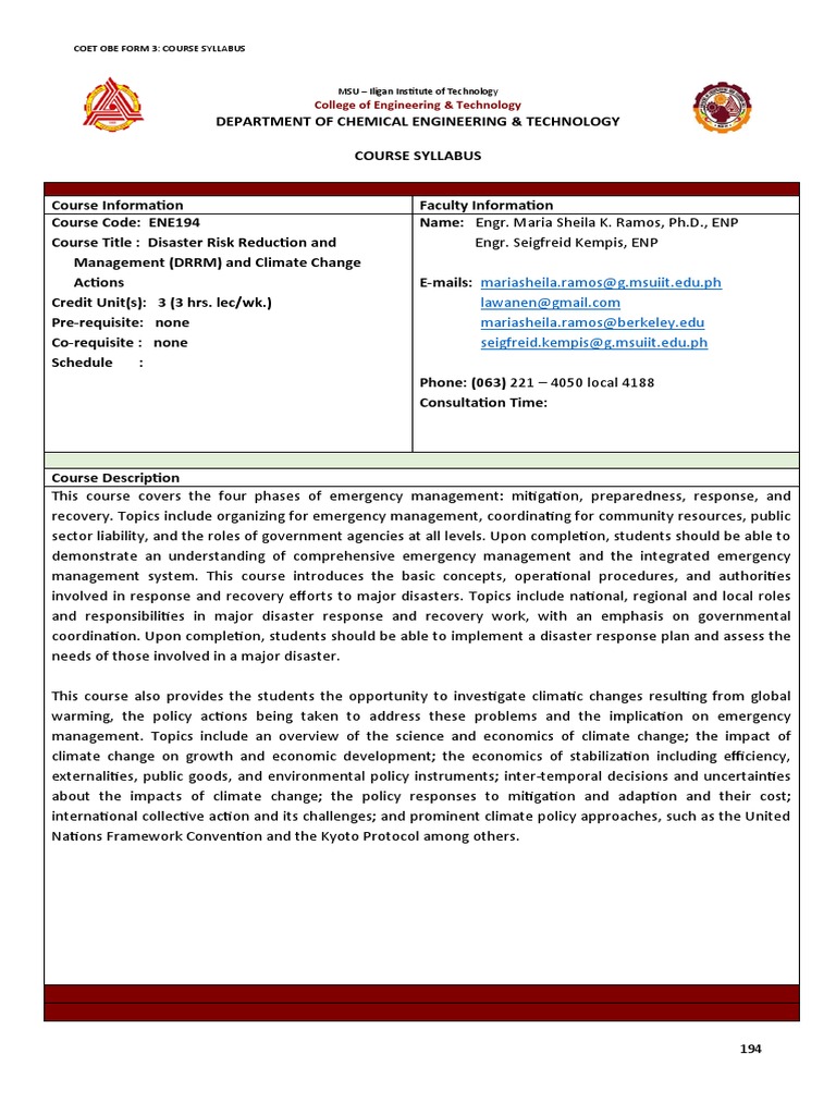 SYLLABUS ENE194 DRRM and CCA | PDF | Disaster Risk Reduction ...