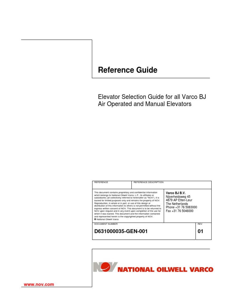 Reference Guide: Elevator Selection Guide For All Varco BJ Air Operated and Manual Elevators ...