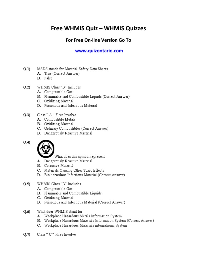 Free WHMIS Quiz - WHMIS Quizzes: For Free On-Line Version Go To | PDF ...