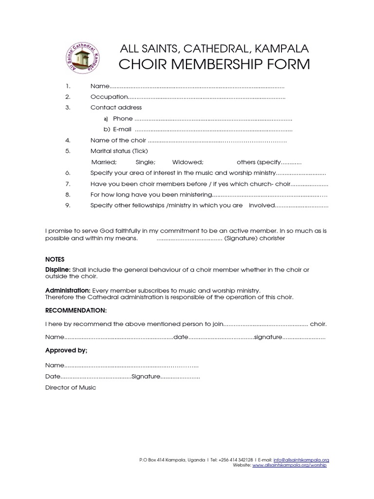 Choir Membership Form: All Saints, Cathedral, Kampala | PDF ...