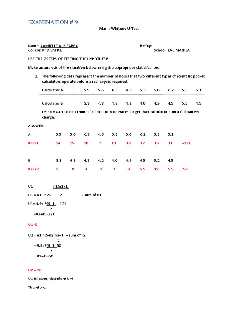 Examination # 9: Mann-Whitney U-Test | PDF | Tests | Hypothesis